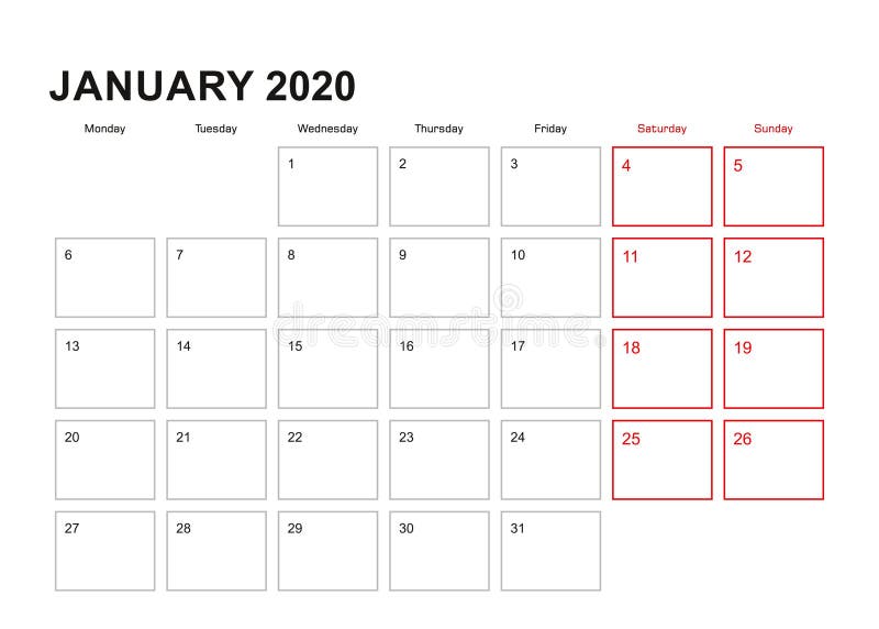 January 2020 Colorful Wall Calendar, Week Starts on Monday Stock Vector ...