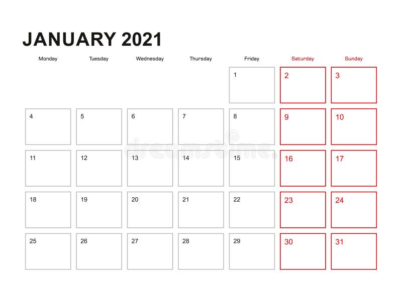 Wall Planner for January 2021 in English Language, Week Starts in ...