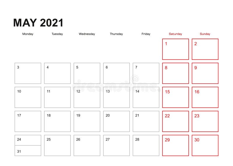 Wall Planner for May 2021 in English Language, Week Starts in Monday ...