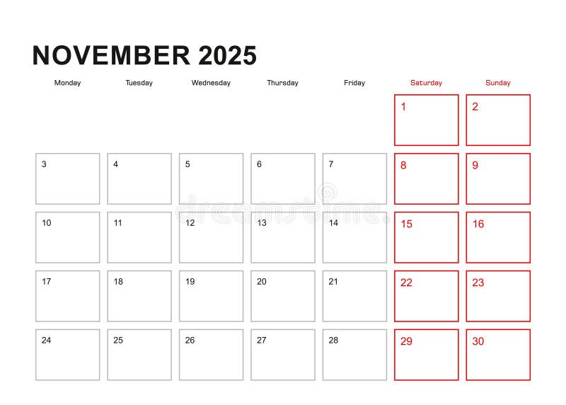 Wall Planner for November 2025 in English Language, Week Starts in ...