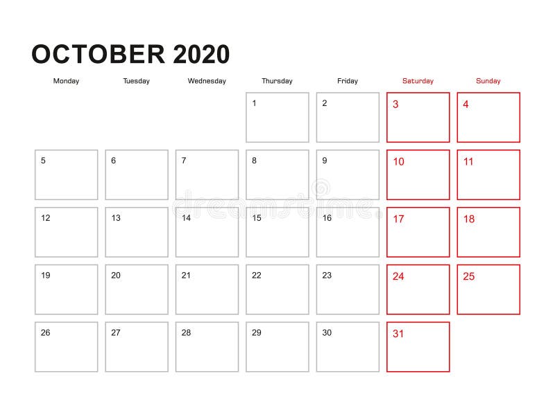 Wall Planner for October 2020 in English Language, Week Starts in ...