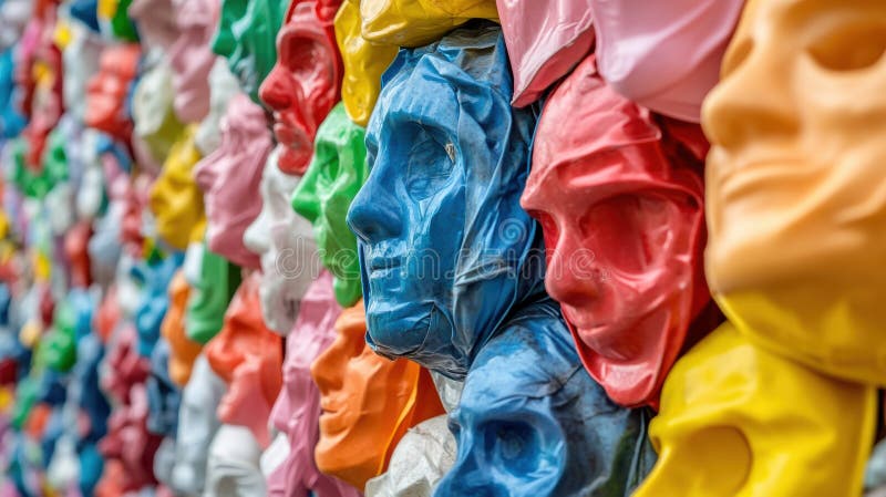 A Wall of Plastic Human Face Masks with Different Colors and Designs ...