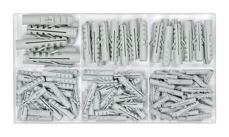 Set of Wall Plugs in a Clear Plastic Box. Assorted Gray Anchors or ...