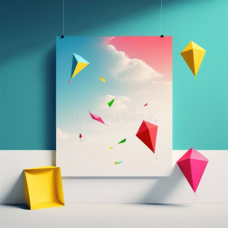 Wall Poster Mockup Brightly Colored Kites in a Windy Sky AI Generation ...