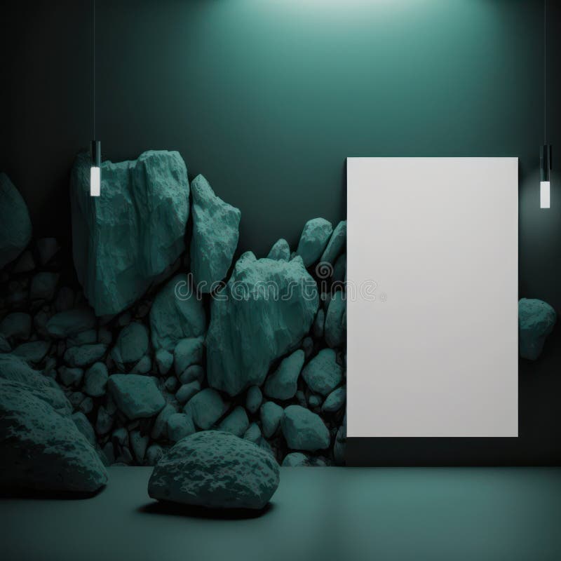Wall Poster Mockup Teal Night and Rough Rocks AI Generation Stock ...