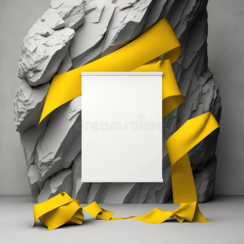 Wall Poster Mockup Yellow Ribbons and Sharp Rocks AI Generation Stock ...