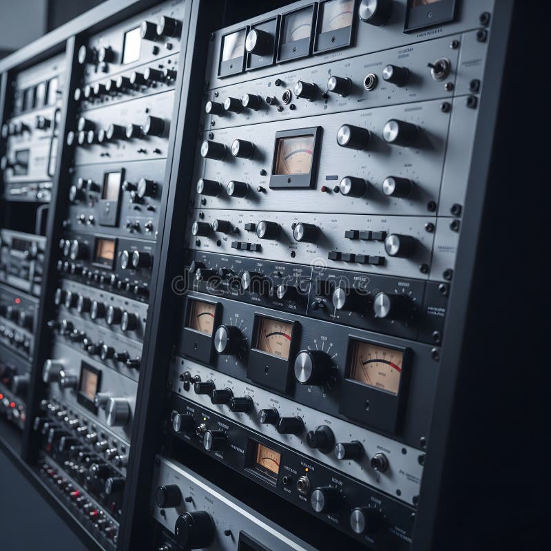 A Wall of Professional Audio Equipment Features Numerous Knobs, Meters ...