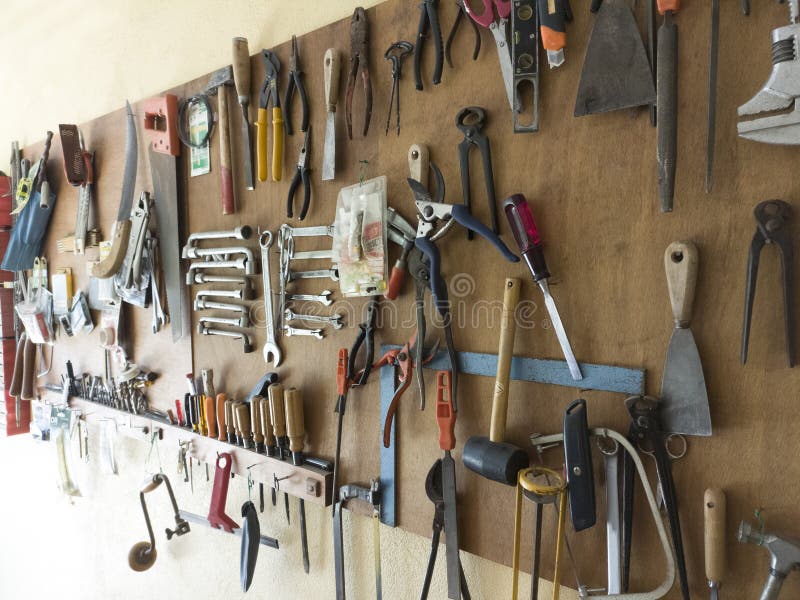 Wall Rack with Various Old Tools Stock Photo - Image of pliers, house ...