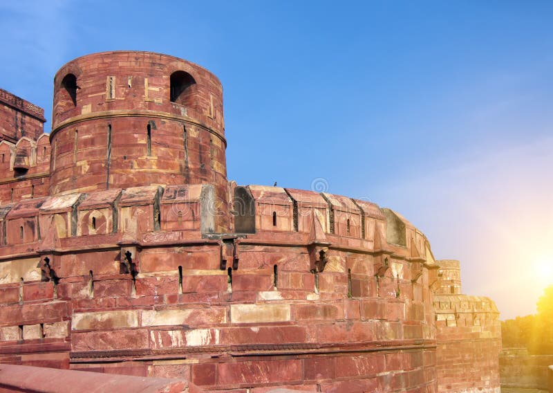 Wall of Red Fort on a Sunset. Agra Stock Photo - Image of ancient, dome ...