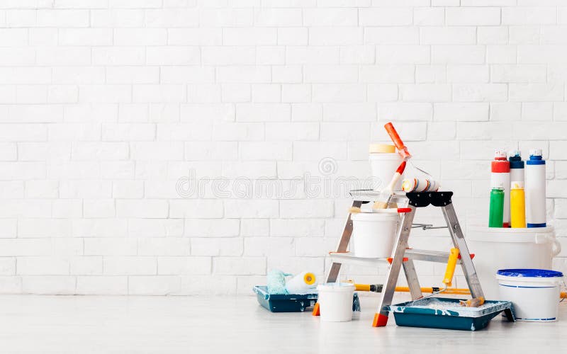 Wall at Renovation with Ladder and Paint Buckets in Empty Room Stock ...