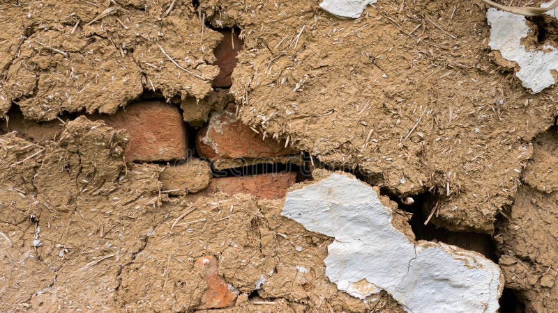 A Wall of Ruined, an Ancient Wall of Clay and Straw and Brick. Hut Wall ...