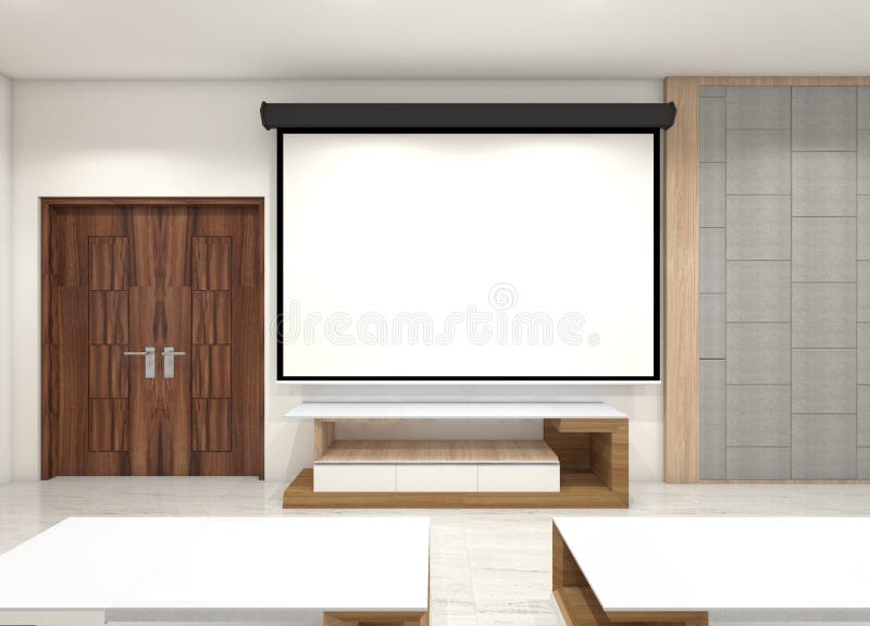 Wall Screen Projector and Modern Desk Cabinet for Interior Studio Room ...