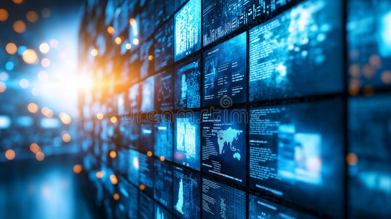 Wall of Screens Displaying News and Data in Modern Environment ...