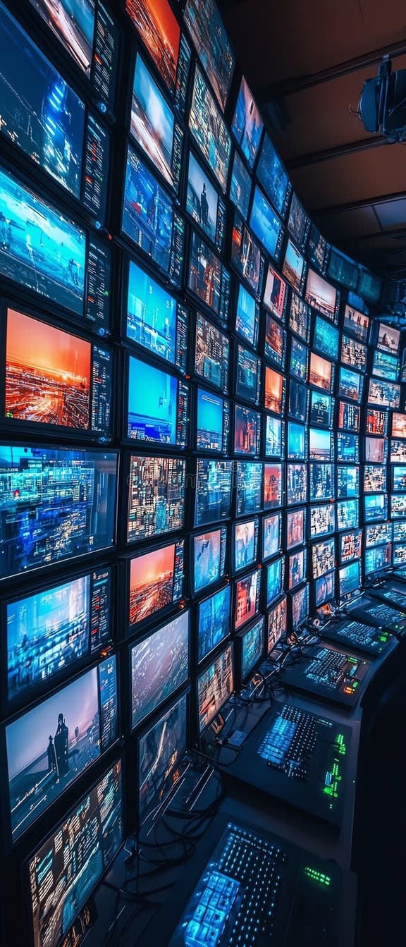 A Wall of Screens Displays Digital Information in a High-tech Control ...