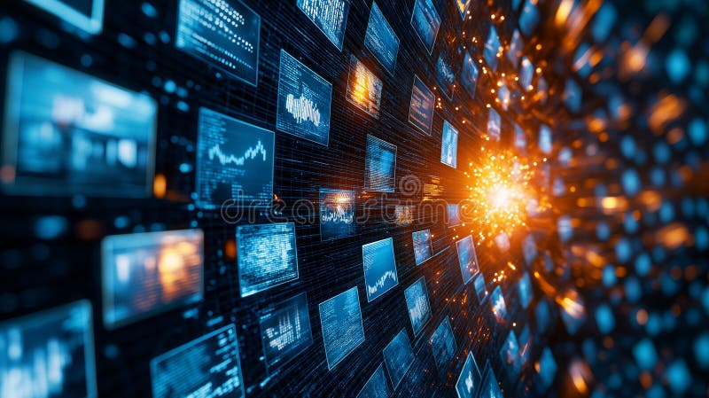 Wall of Screens Displays Dynamic News and Data Creating Vibrant Digital ...