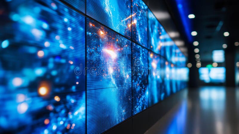 Wall of Screens Illuminated with Blue Lighting Displaying Vibrant ...