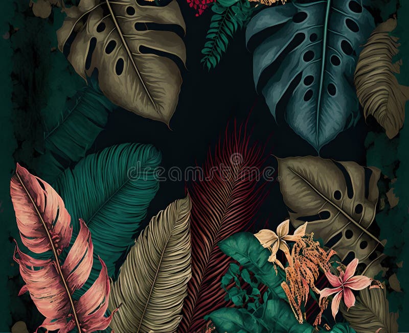 Wall Seamless Tropical Flower Plant and Leaf Pattern Stock Illustration ...