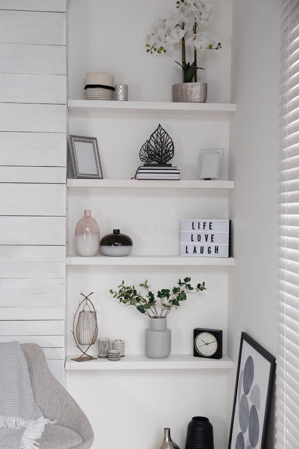 Wall Shelves with Beautiful Decor Elements Indoors. Interior Design ...