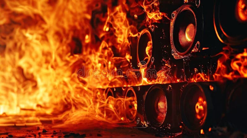 Wall of Speakers Engulfed in Intense Flames Creating a Dramatic Visual ...