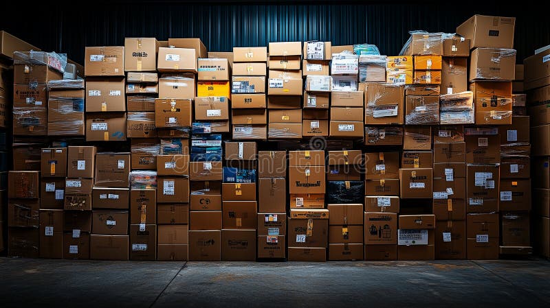 Wall of Stacked Brown Cardboard Boxes in Storage Area, Showcasing ...