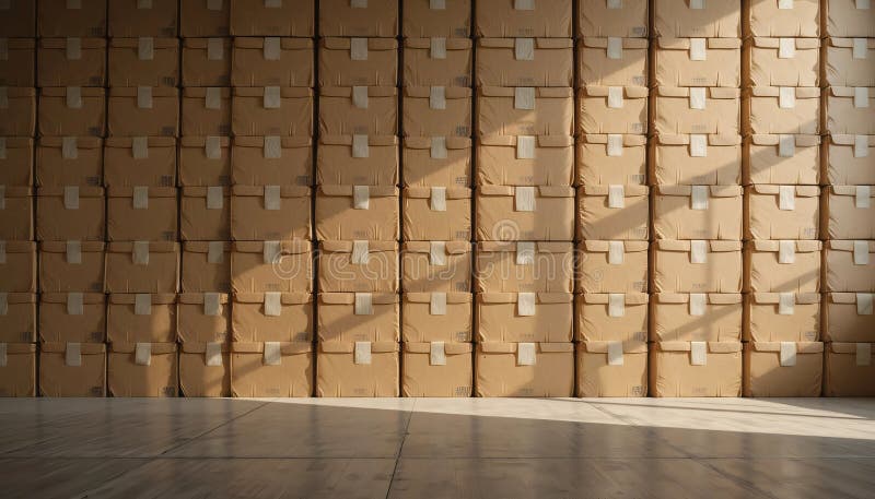Wall of Stacked Cardboard Boxes in a Warehouse with Sunlight and ...