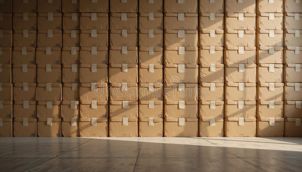 Wall of Stacked Cardboard Boxes in a Warehouse with Sunlight and ...