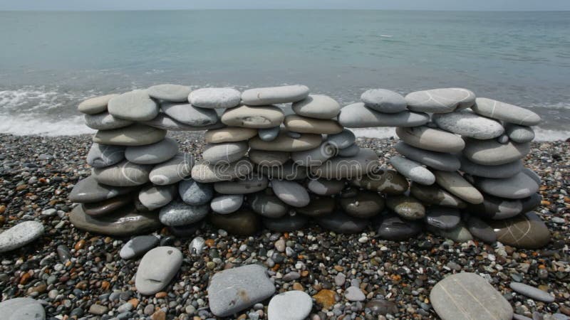 Wall of Stones on Beach, Sea Surf in Stock Video - Video of beach ...