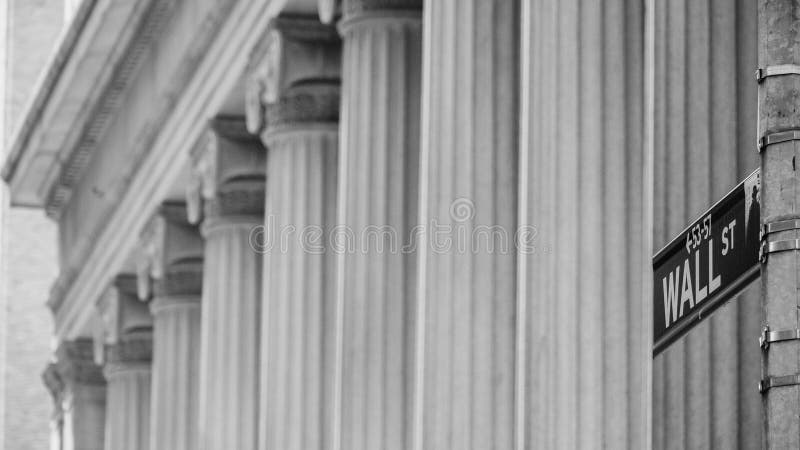 Wall Street Sign in Front of Columns - Black and White Stock Photo ...