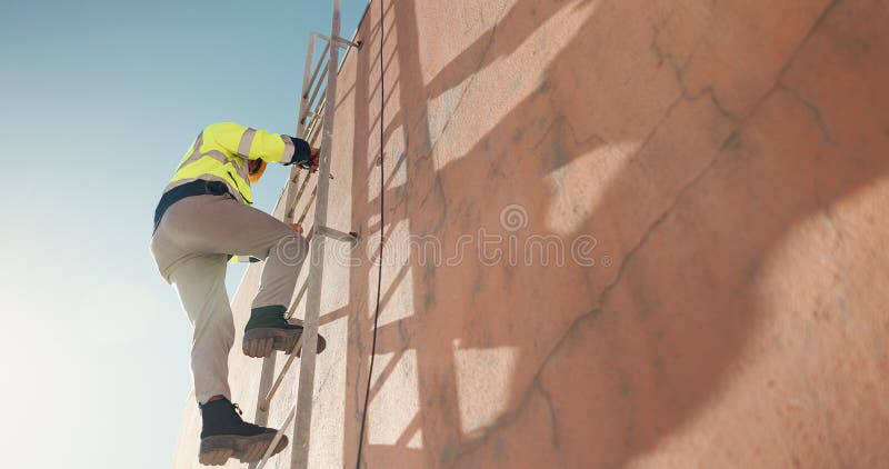 Wall, Technician and Man Climbing on Ladder for Installation, Building ...