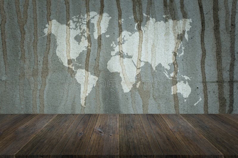 Wall Texture Background with Wood Terrace with World Map Stock Photo ...