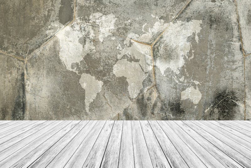 Wall Texture Surface with Wood Terrace and World Map Stock Photo ...