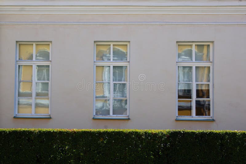 Wall with Three Windows on the Background of Green Bushes Editorial ...