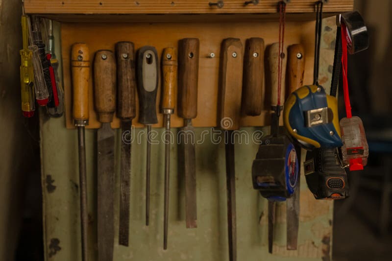 Wall with Various Carpentry Tools. Stock Photo - Image of handyman ...