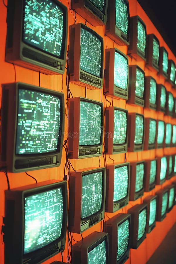 Wall of Vintage Computer Monitors with Green Screens on Orange ...