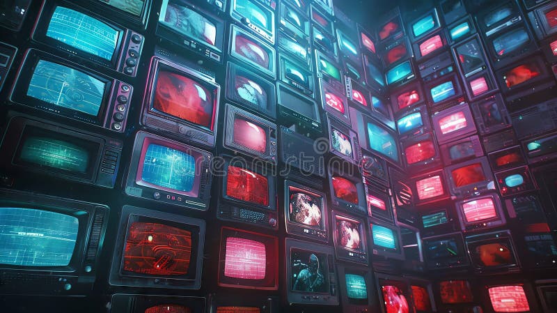 A Wall of Vintage Televisions with Glowing Screens, Showcasing a ...