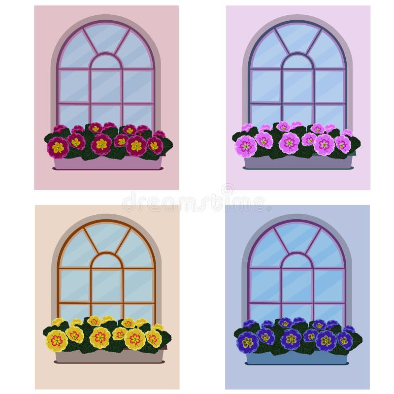 Wall Windows Set with Primrose Flower Boxes. Stock Vector ...