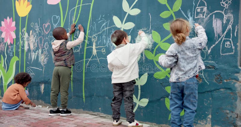 Wall, Writing and Children with Chalk at School for Creativity, Art or ...
