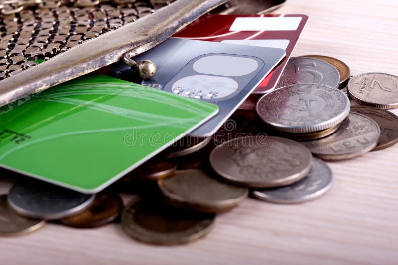 Wallet with Credit Cards and Coins Stock Photo - Image of payoff, large ...