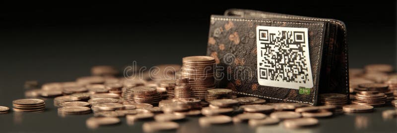 Close-up of a Wallet with a QR Code on it Surrounded by Stacks of Coins ...