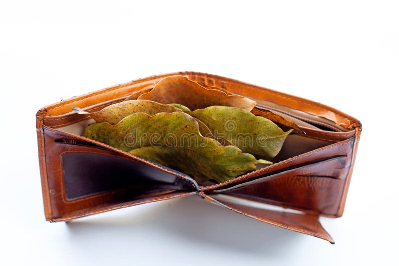 Wallet with Dry Leaves on White Background. Poor or No Money Concept ...