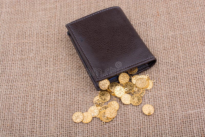 Wallet and Fake Gold Coins on Canvas Stock Photo - Image of money ...