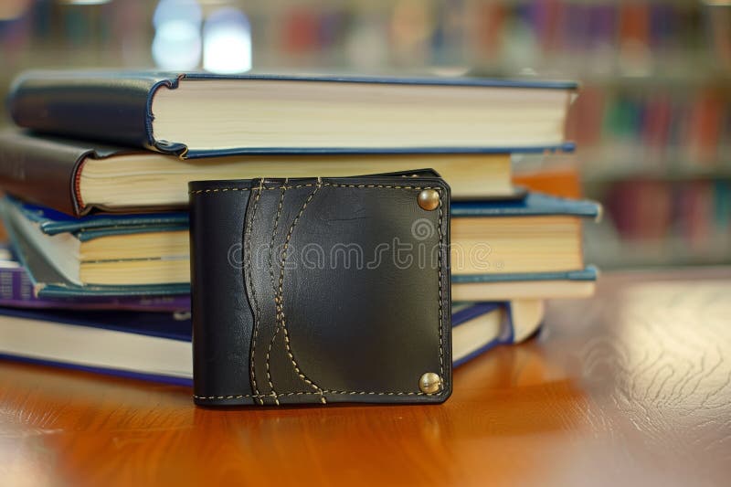 Wallet on a Library Carrel, with a Stack of Books Behind Stock Photo ...