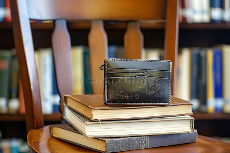 Wallet on a Library Chair with Stack of Books Stock Image - Image of ...
