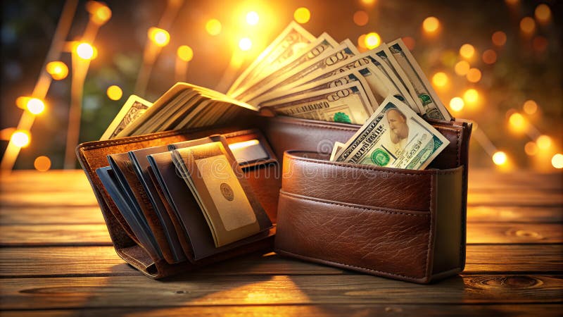 Wallet Overflowing with Cash and Cards, Glowing with Warm Lights Stock ...