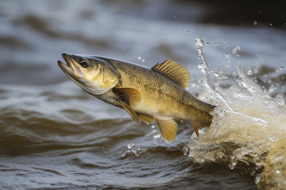 Walleye Fish Jumping Out of River Water. Generative AI Stock Illustration - Illustration of ...
