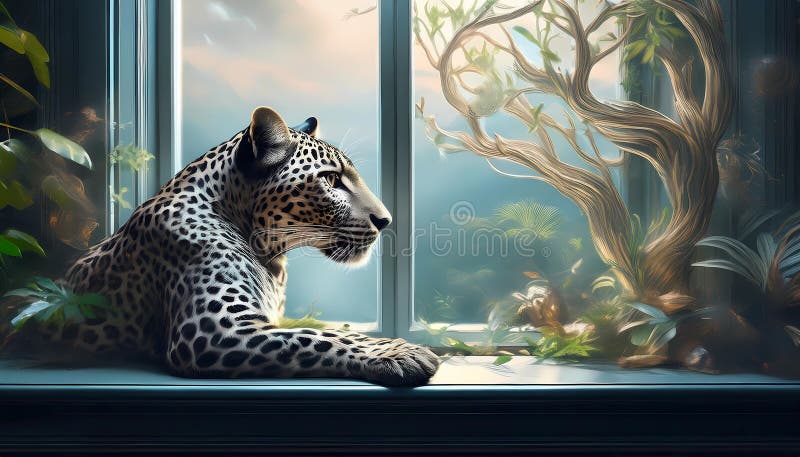 Wallpaper of a Beautiful Leopard in a House with Plants Stock ...