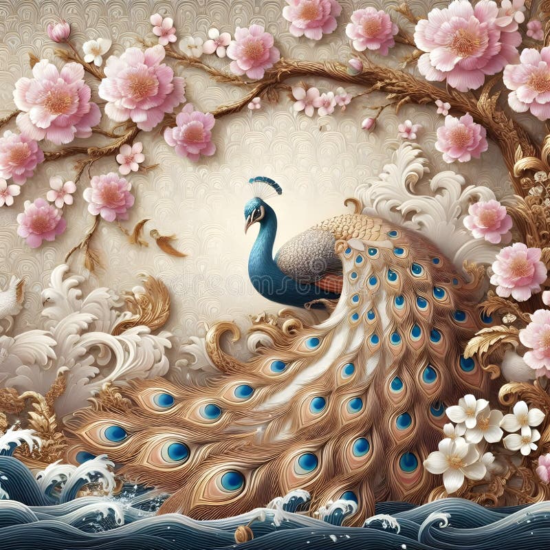 Wallpaper 3d Classic Art Peacock and Tree Florals Pink Stock ...
