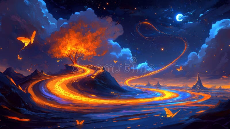 Wallpaper Featuring a Dark Blue Backdrop, a Golden Tree, and a Moon ...