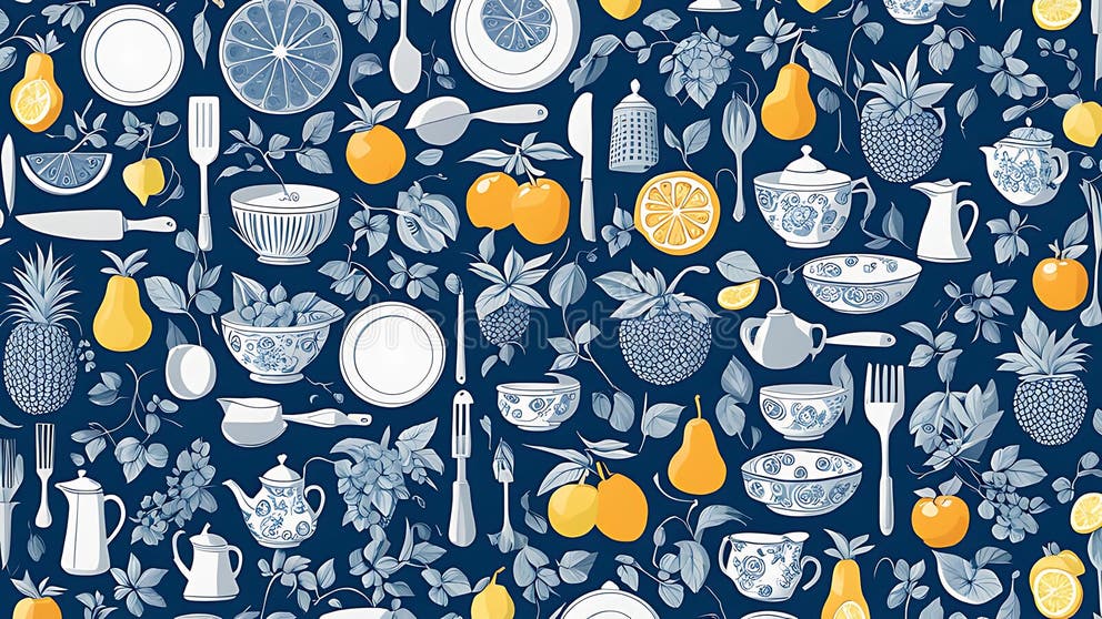 Wallpaper Featuring a Pattern of Fruits and Kitchen Ware Stock ...