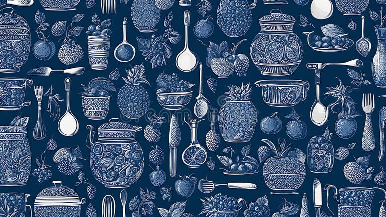 Wallpaper Featuring a Pattern of Fruits and Kitchen Ware Stock ...